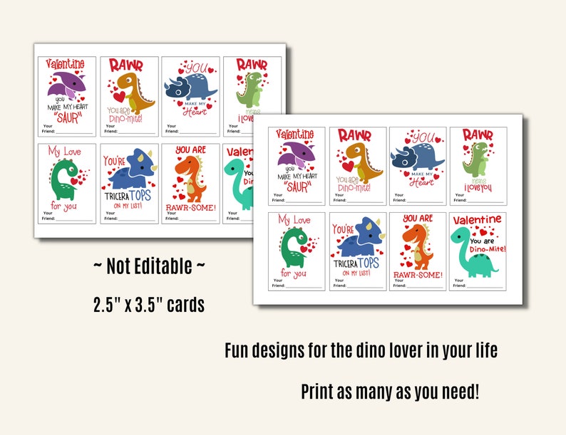 Printable Dinosaur Valentine Cards, Dinosaur Valentine Tags, Kids ...