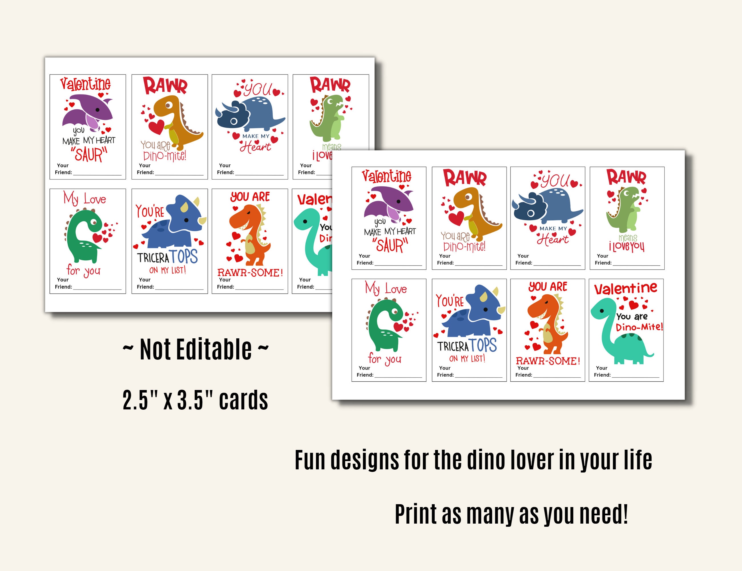 Printable Dinosaur Valentine Cards, Dinosaur Valentine Tags, Kids ...