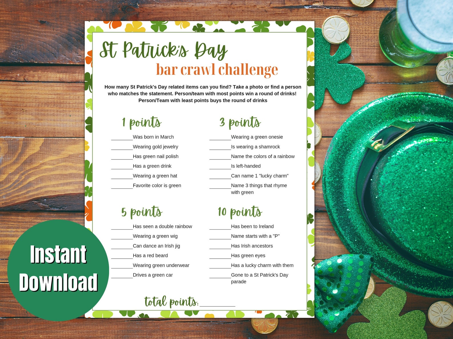 Printable St Patrick's Day Pub Crawl Scavenger Hunt, St Patrick's Day ...