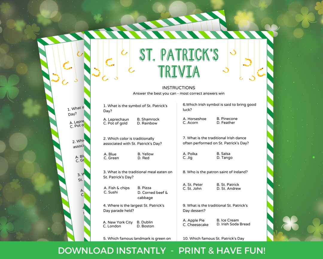 St. Patrick's Day Trivia Game, St. Patrick's Day Game, St. Patrick's ...