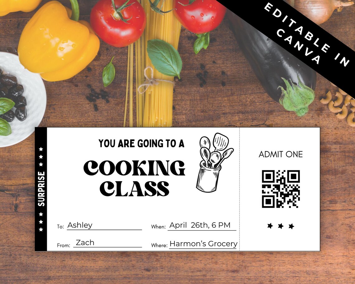 Editable Cooking Class Ticket Template, Printable Gift Coupon, Gift Voucher, Surprise Gift ...