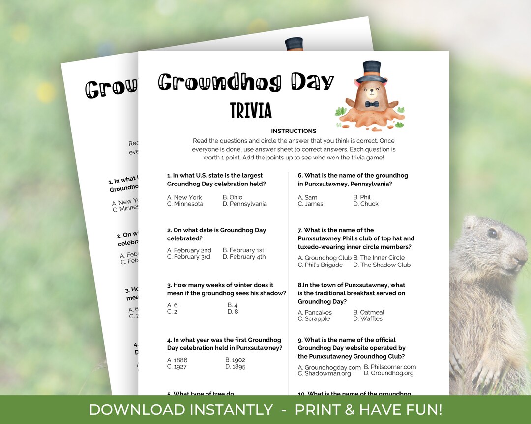 Groundhog Day Trivia Game, Printable Trivia Game, Groundhog Day Party ...