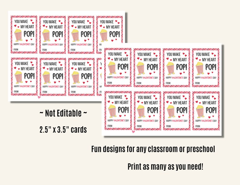 Printable Popcorn Valentine Cards, Popcorn Valentine Tag, Kids ...