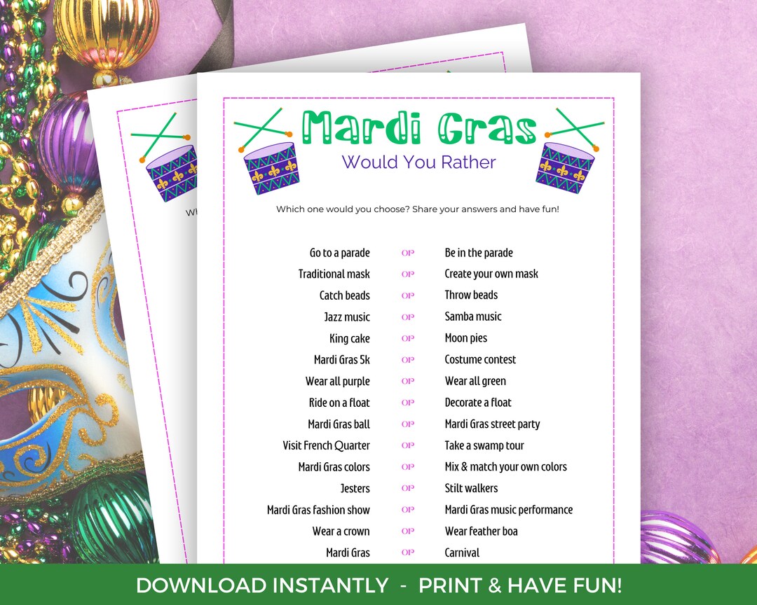 Mardi Gras Would You Rather Game, Fat Tuesday Party Game, Printable ...