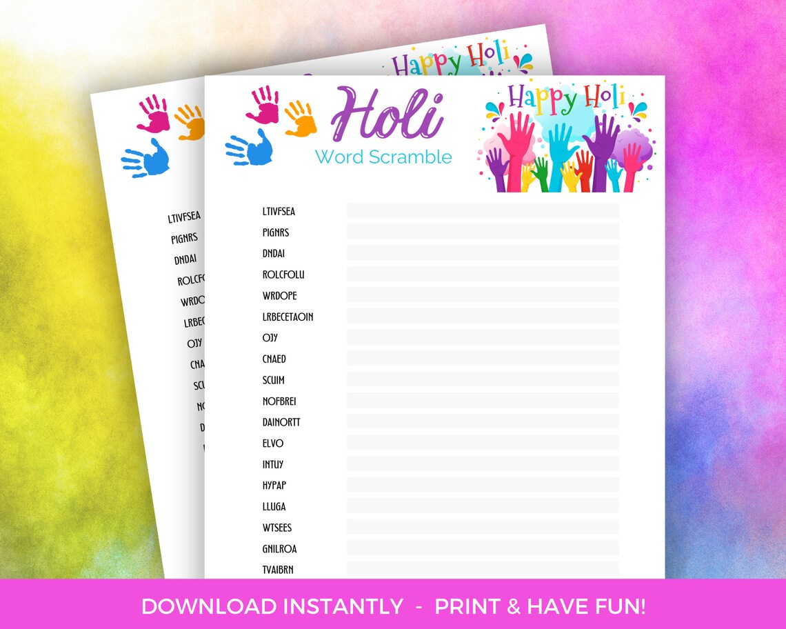 Holi Word Scramble, Printable Festival of Color Word Scramble Activity ...