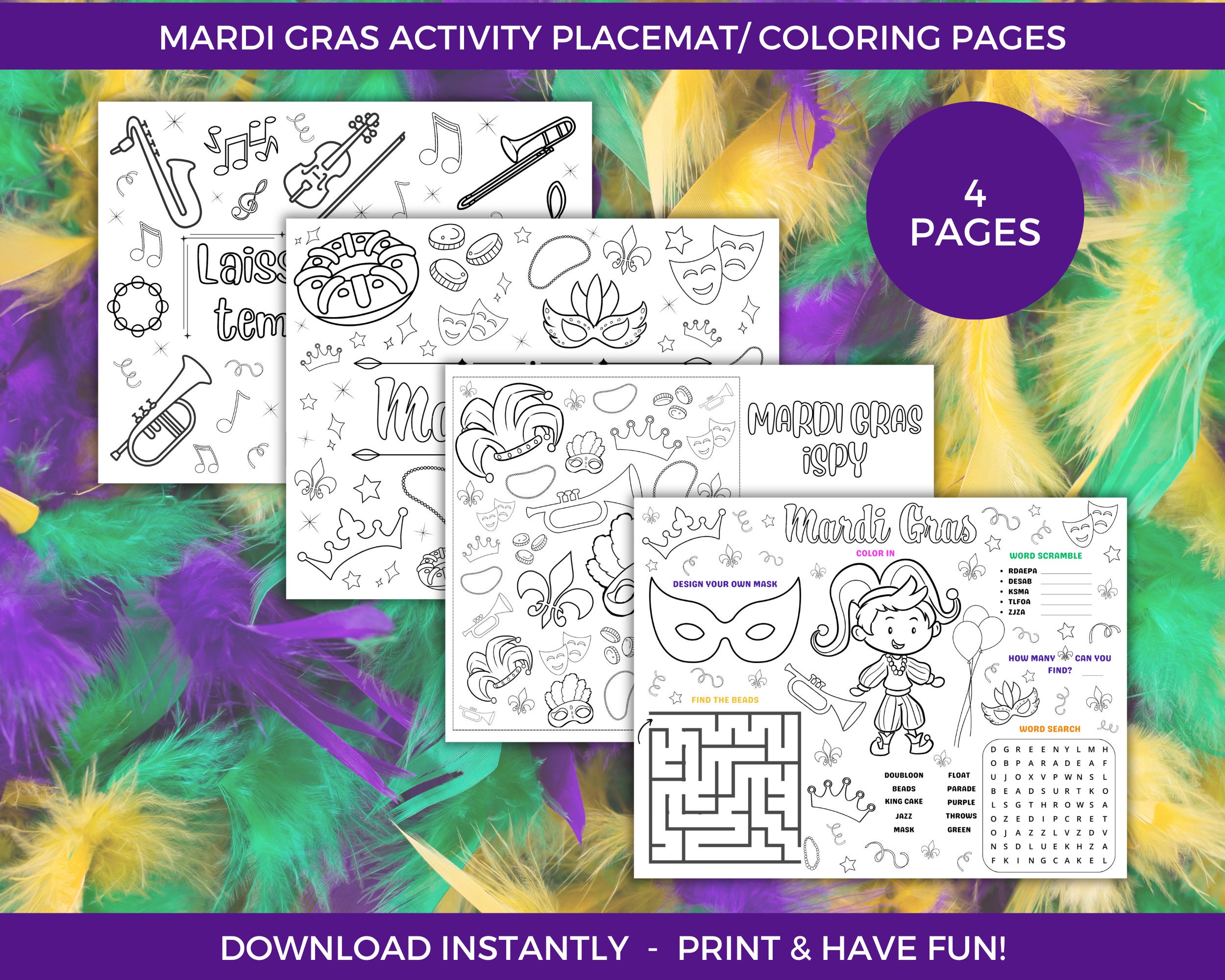 Mardi Gras Coloring Placemat, Printable Mardi Gras Activity Placemat ...