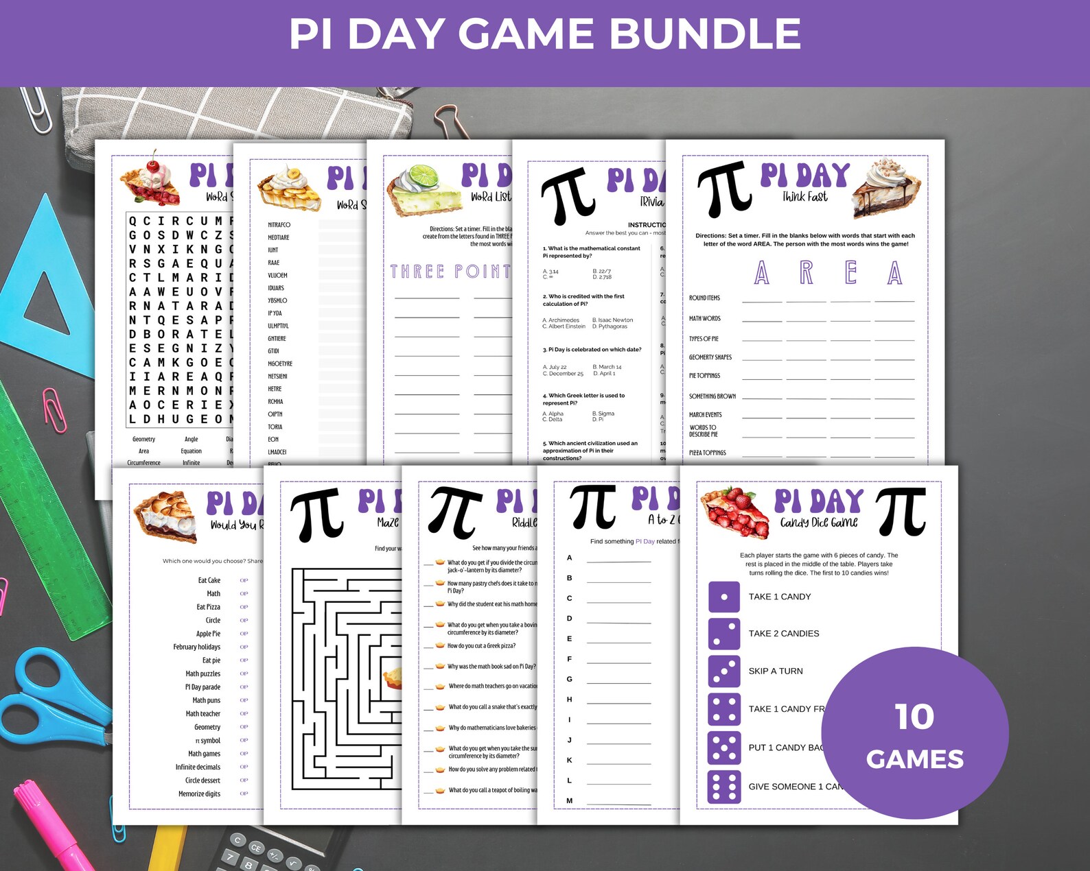 Pi Day Game Day Bundle, Printable Pi Day Activity Bundle, Pi Day Party ...
