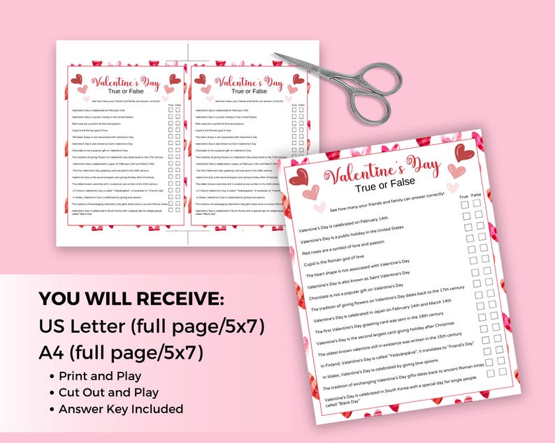 Valentine's Day True or False Game, Printable Valentine's Day Game ...