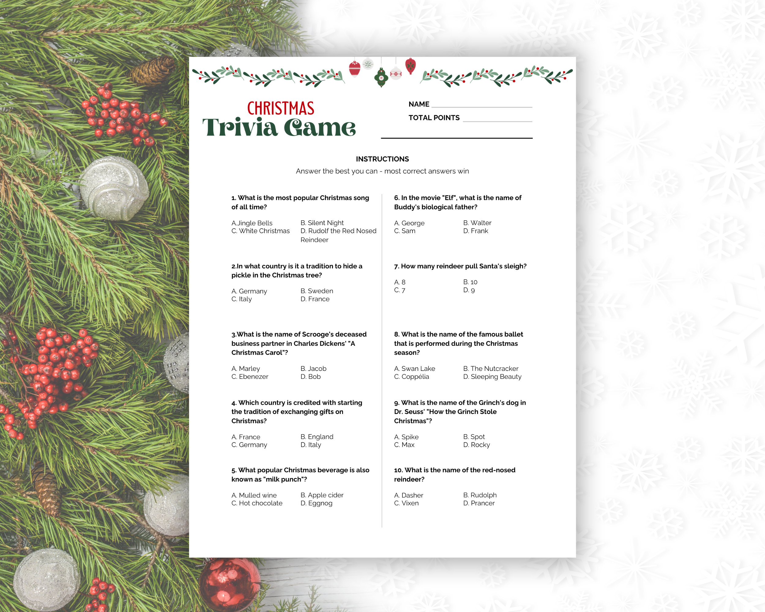 Christmas Trivia Game, Printable Trivia Game, Christmas Party Game ...