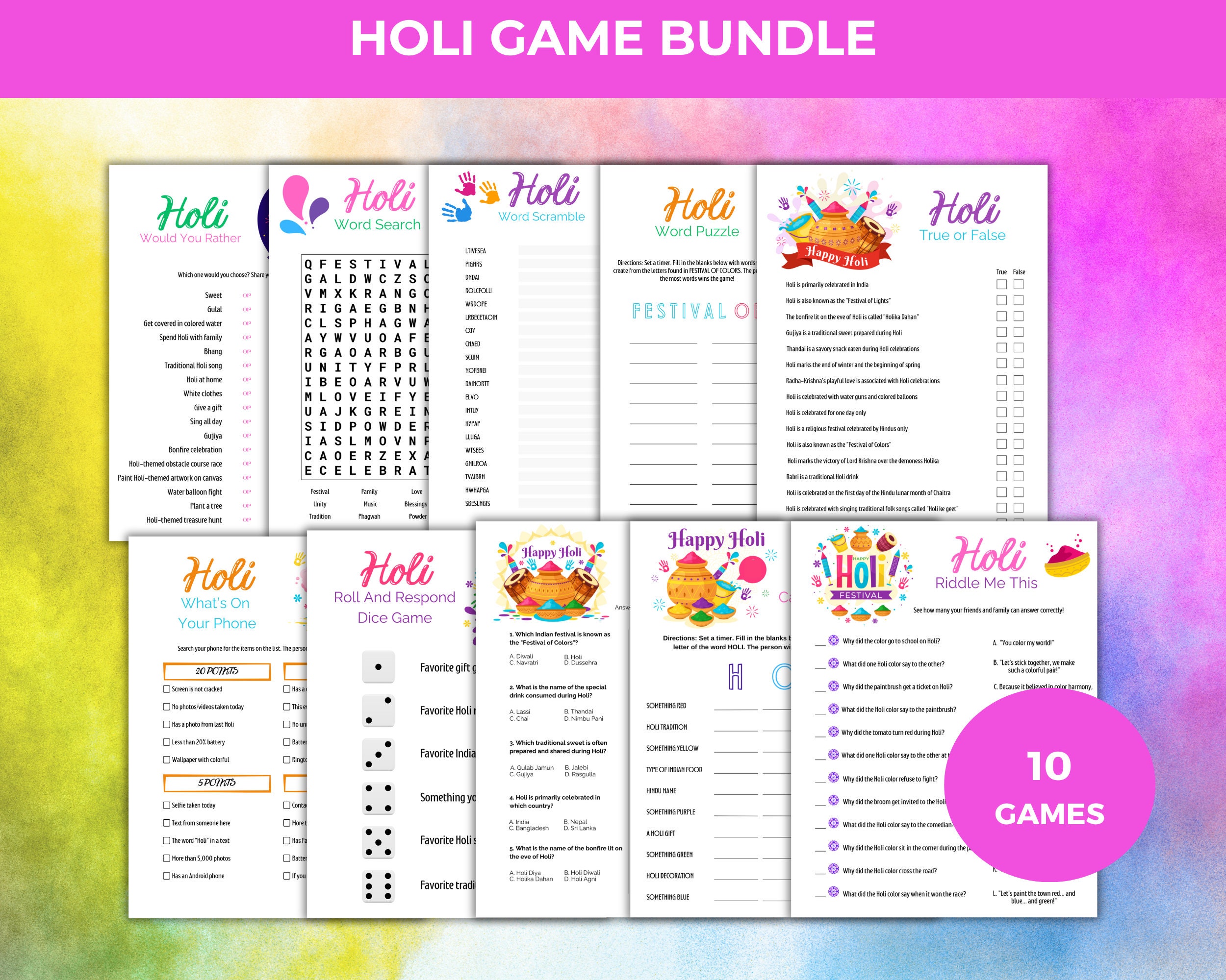 Holi Festival Games Bundle, Printable Holi Festival Activity Bundle ...