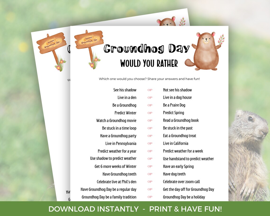 Groundhog Day Would You Rather Game, Printable Groundhog Day This or ...