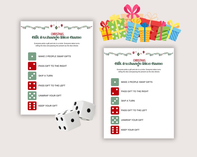 Christmas Gift Exchange Dice Game, Printable Christmas Gift Dice Game ... Christmas Gift Exchange Dice Game, Printable Christmas Gift Dice Game ...