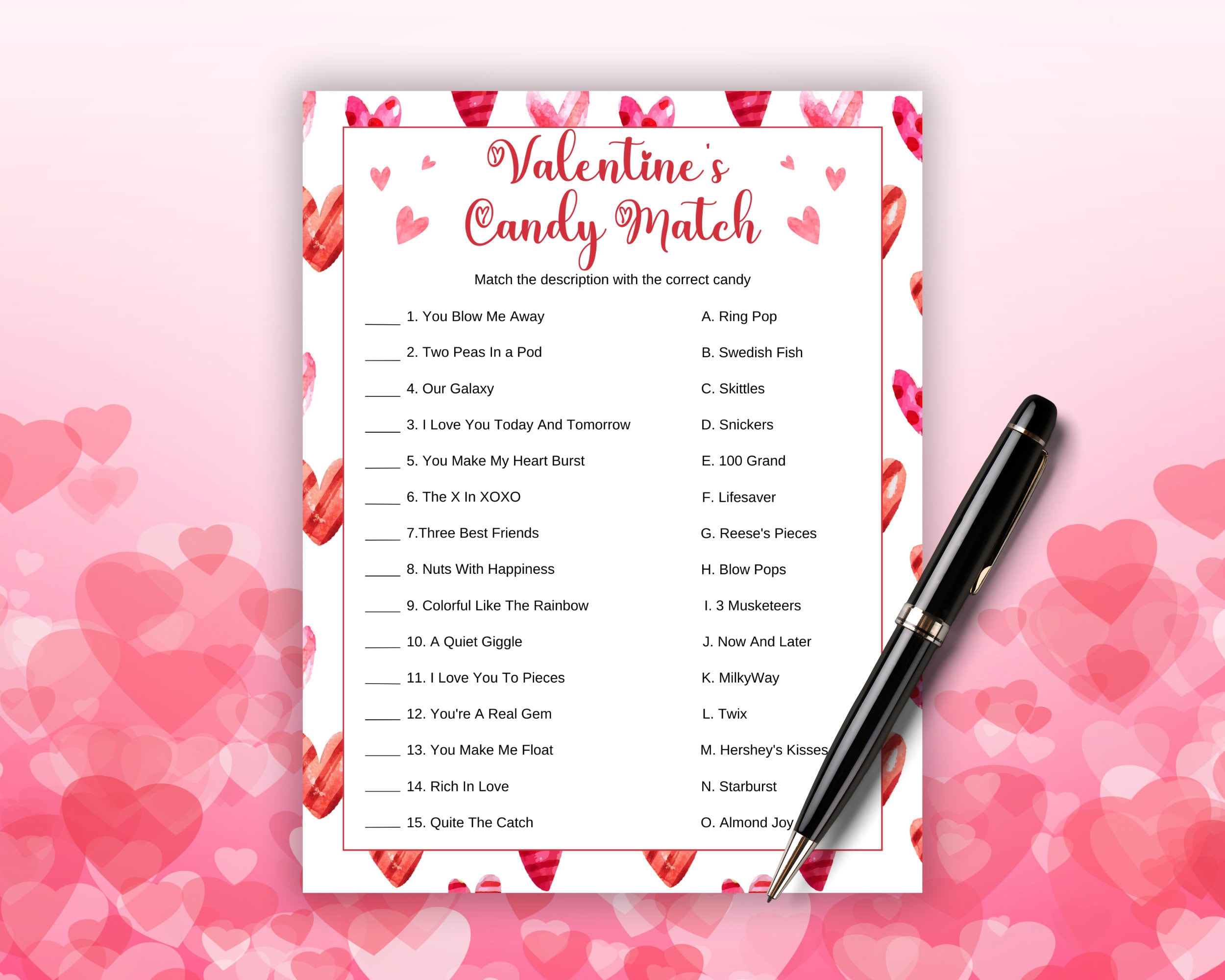 Valentine's Day Candy Match Game, Printable Valentine's Day Game ...