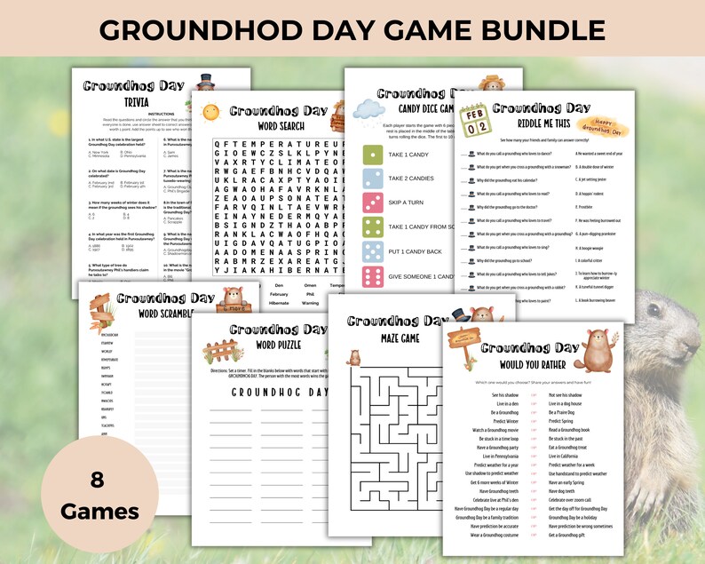 Groundhog Day Game Bundle, Printable Groundhog Day Activities for Kids ...