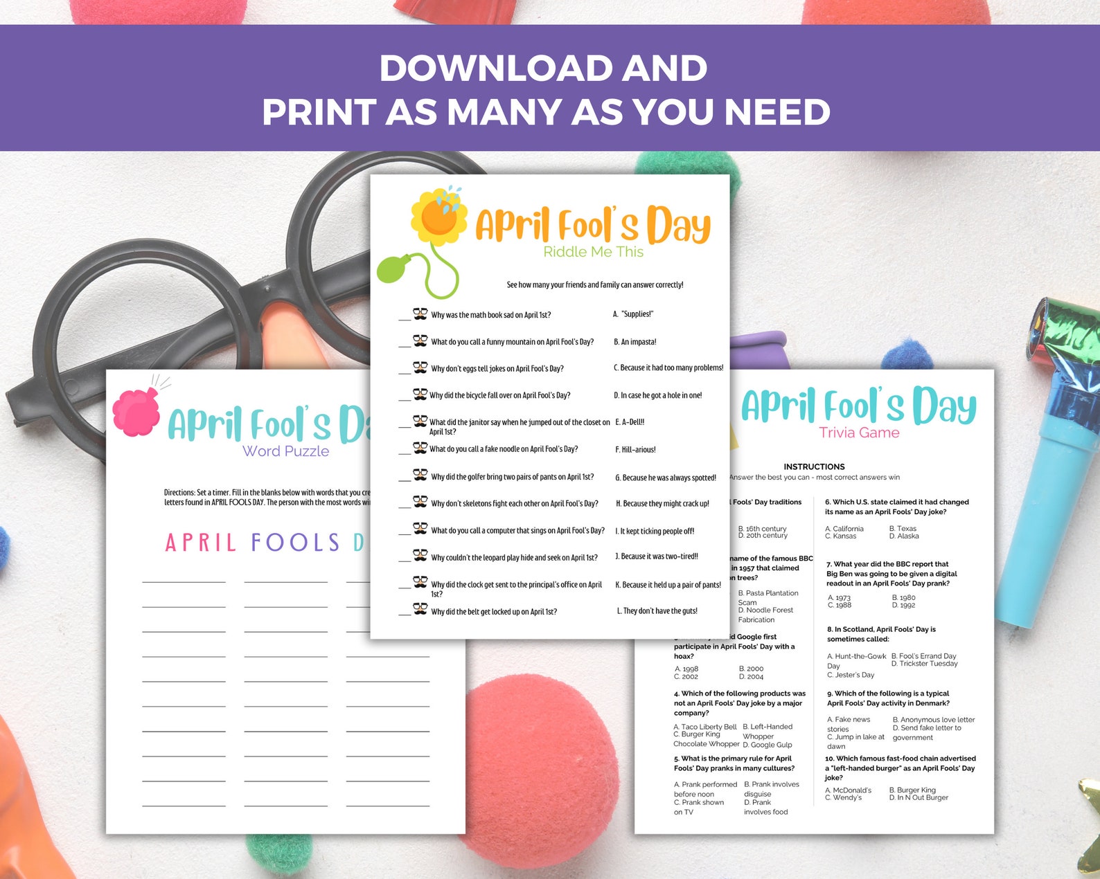 April Fools Day Game Bundle, Printable April Fools Day Activity Bundle ...