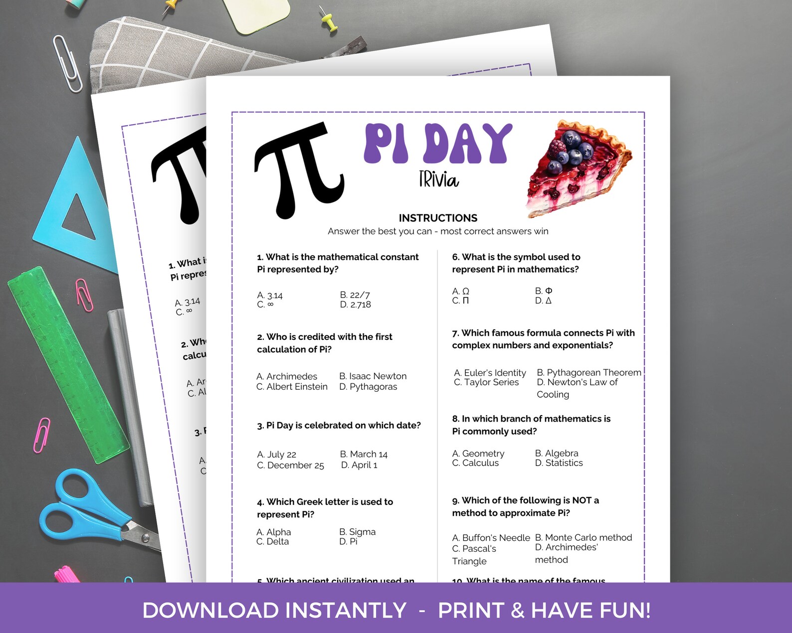 Pi Day Trivia Game, Printable Pi Day Trivia Activity, Pi Day Party, Pi ...