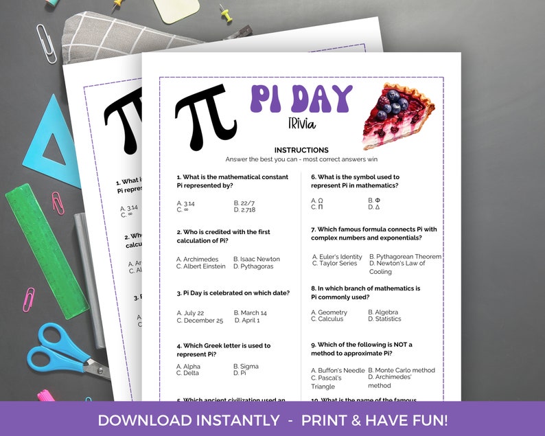 Pi Day Trivia Game, Printable Pi Day Trivia Activity, Pi Day Party, Pi ...