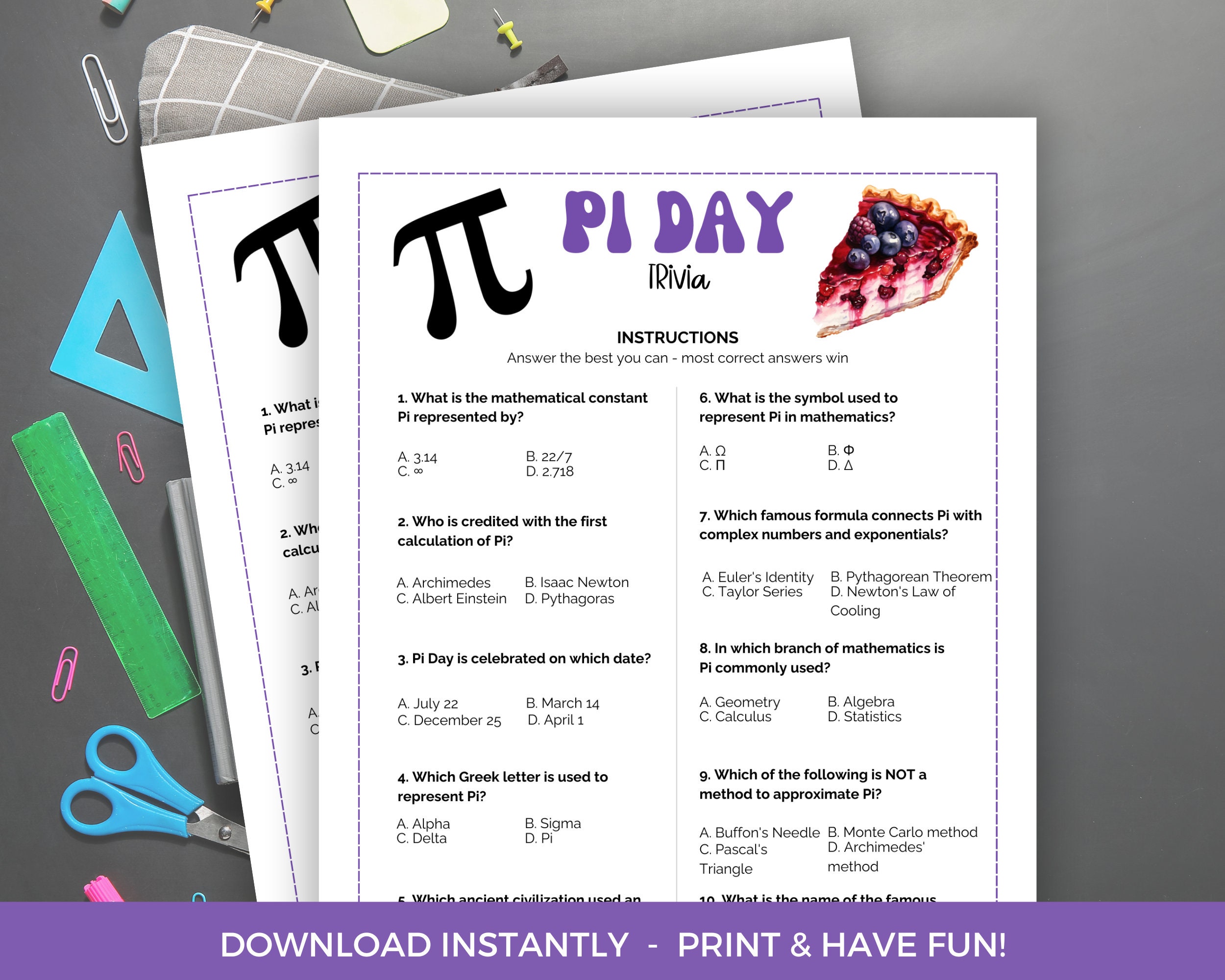 Pi Day Trivia Game, Printable Pi Day Trivia Activity, Pi Day Party, Pi ...