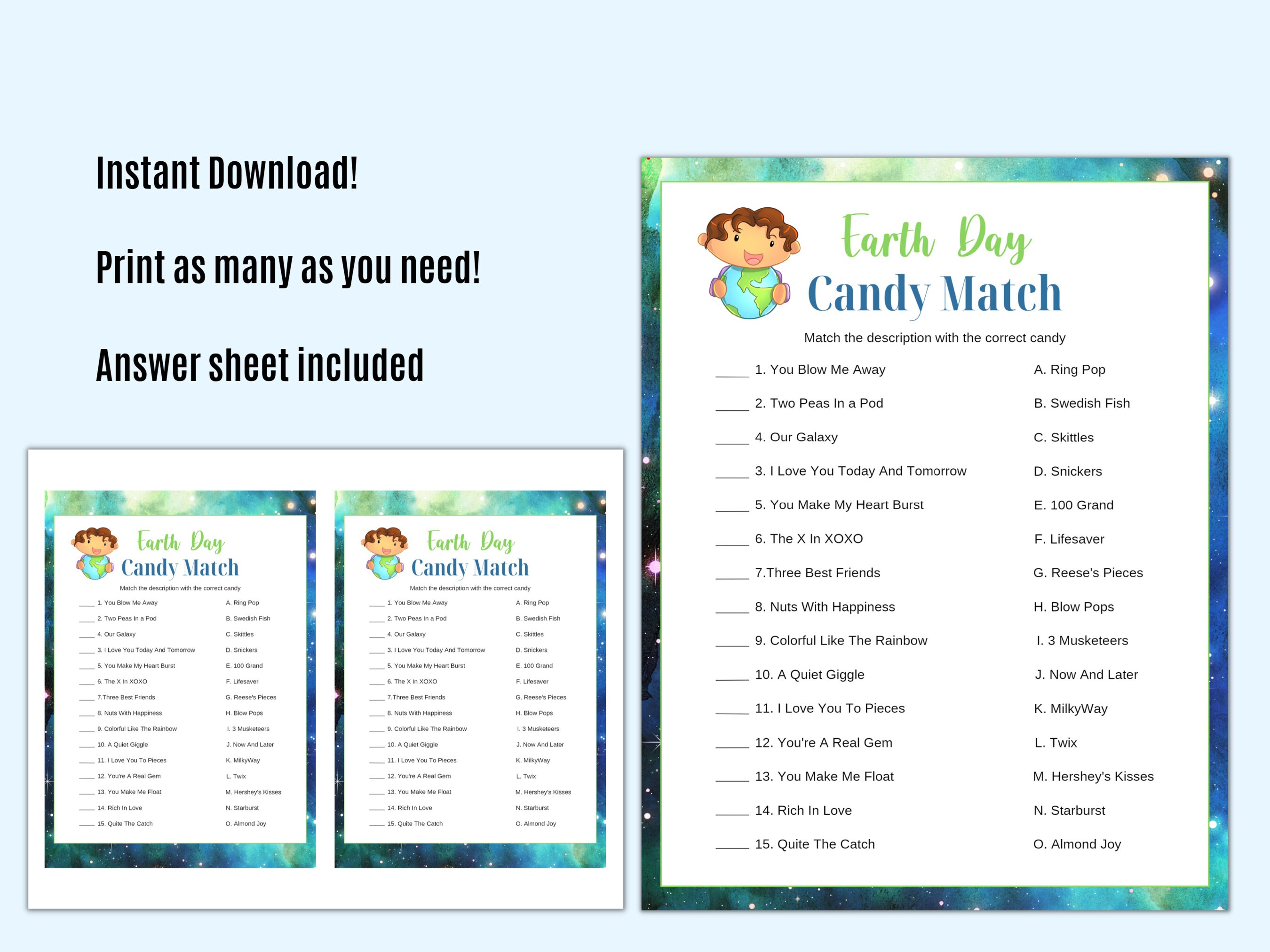 Earth Day Candy Match Game, Printable Earth Day Candy Match Game for ...