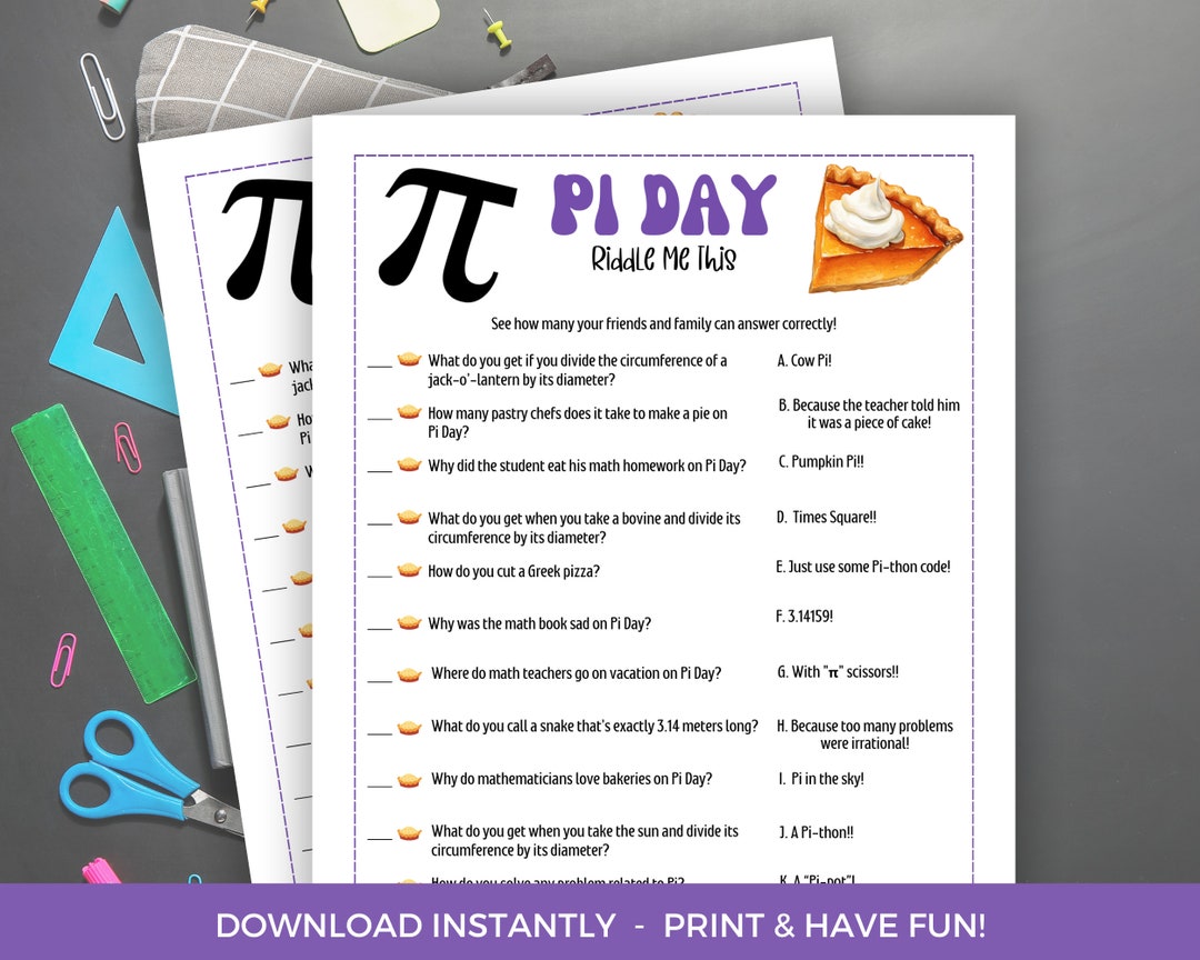 Pi Day Riddle Me This, Printable Pi Day Math Jokes Activity, Pi Day ...