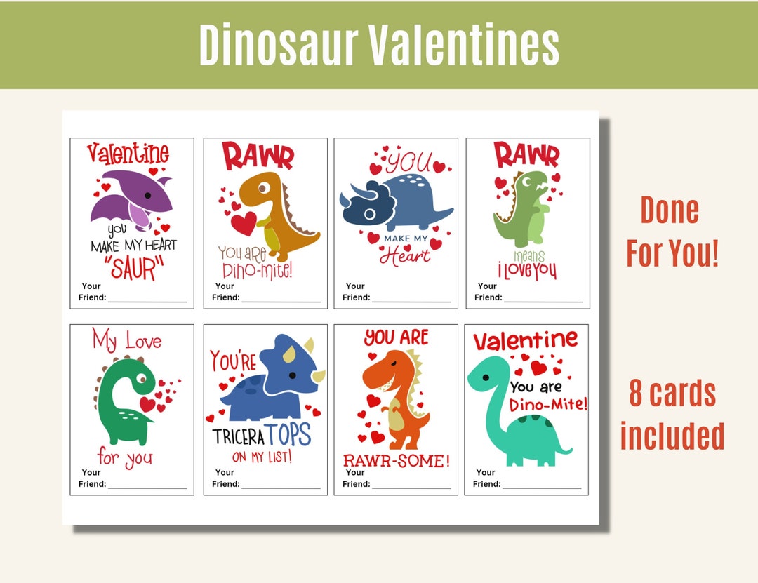 Printable Dinosaur Valentine Cards, Dinosaur Valentine Tags, Kids ...
