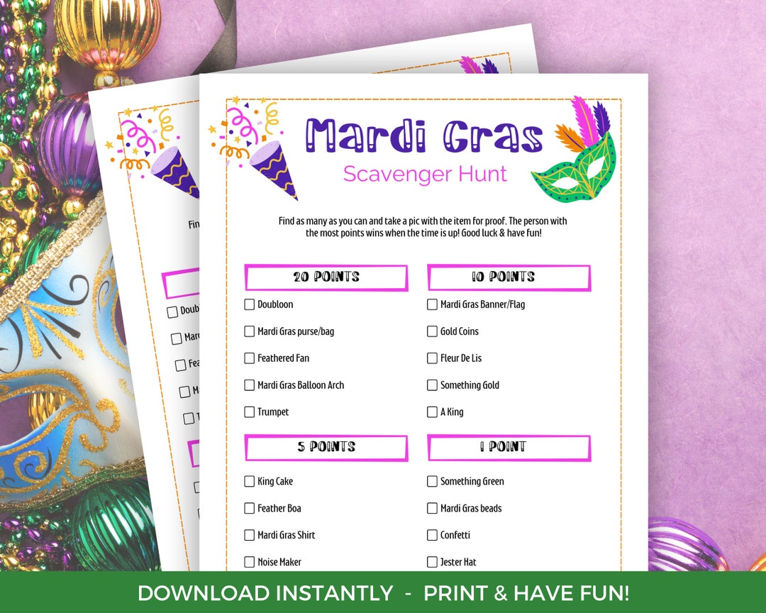 Mardi Gras Scavenger Hunt Game, Fat Tuesday Party Game, Printable Mardi ...