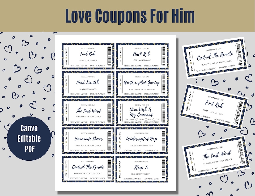 Editable Love Coupons for Him, Printable Love Coupons, Gift for Him ...