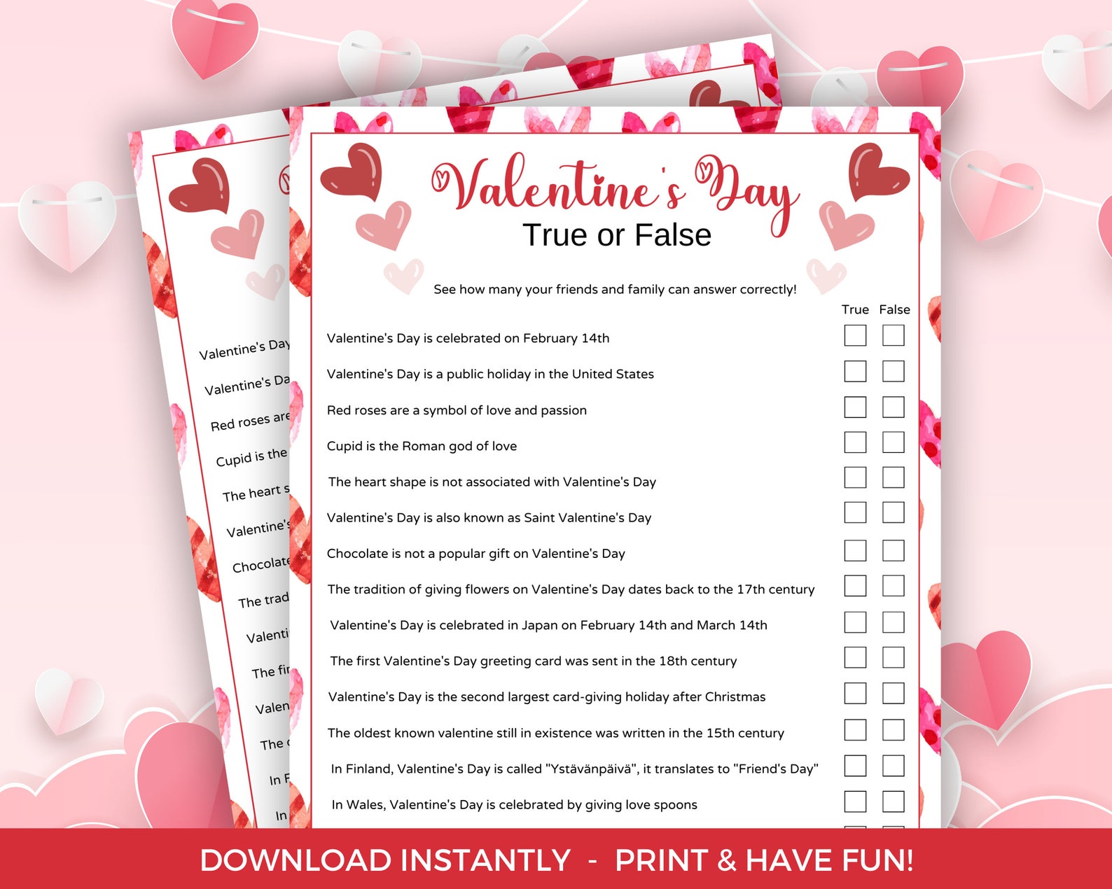 Valentine's Day True or False Game, Printable Valentine's Day Game ...