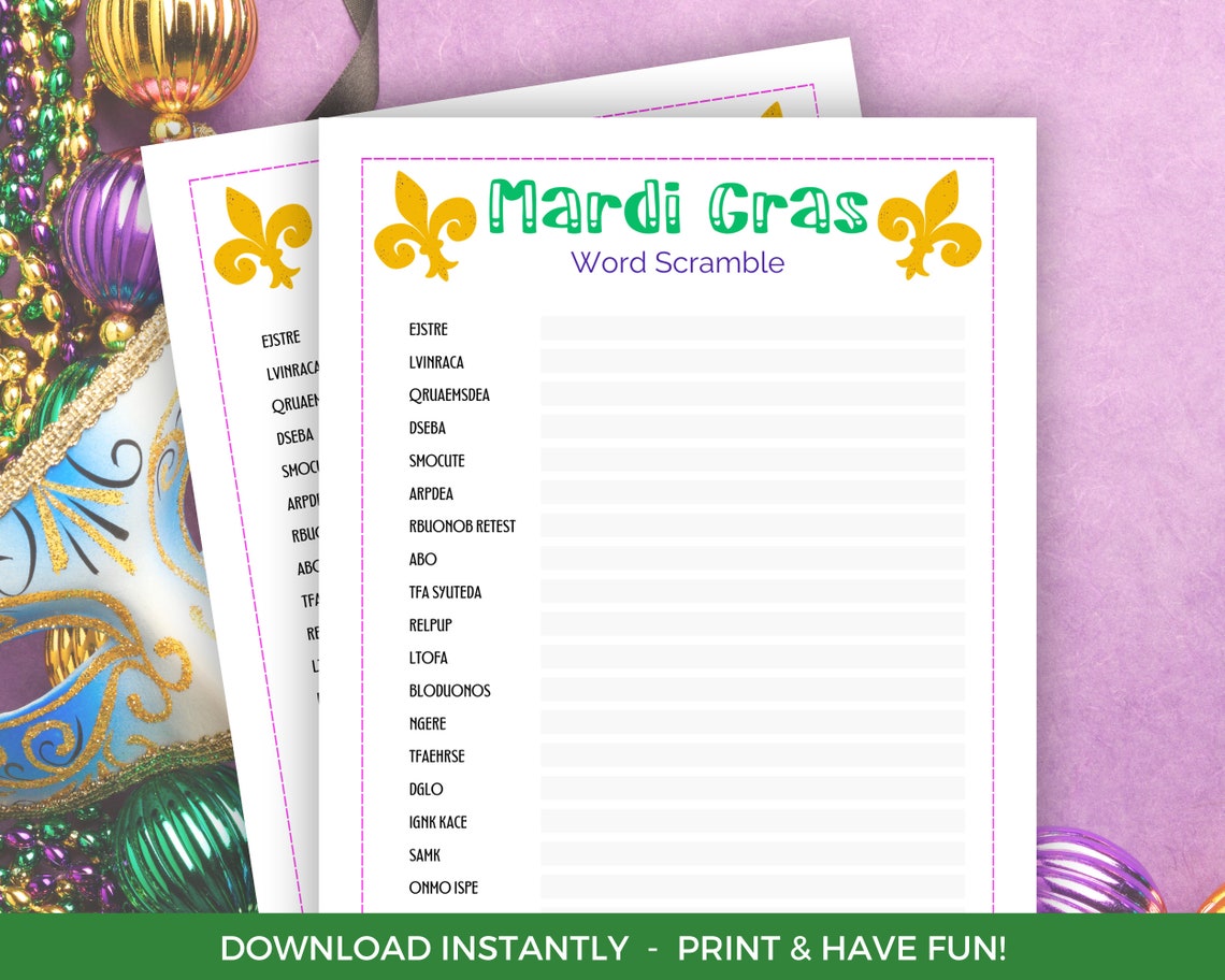 Mardi Gras Word Scramble Game, Fat Tuesday Party Game, Printable Mardi ...