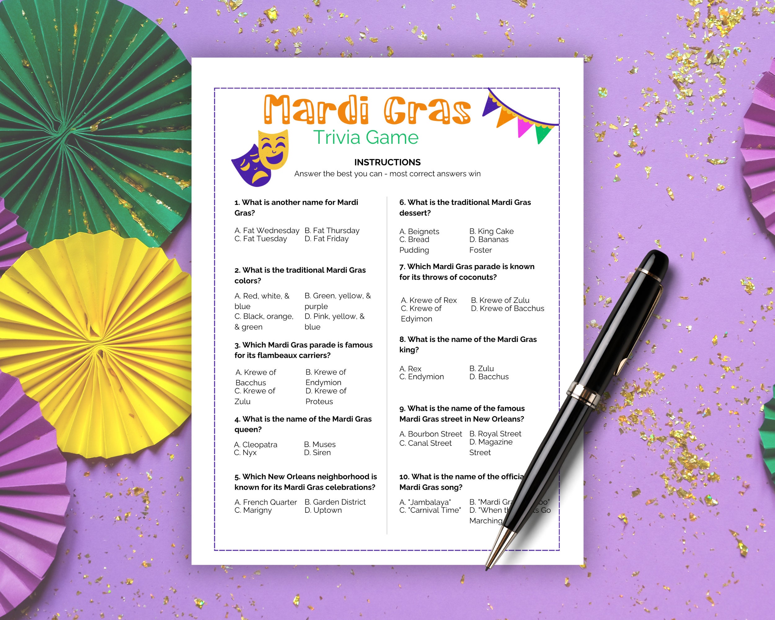 Mardi Gras Trivia Game, Fat Tuesday Party Game, Printable Mardi Gras ...