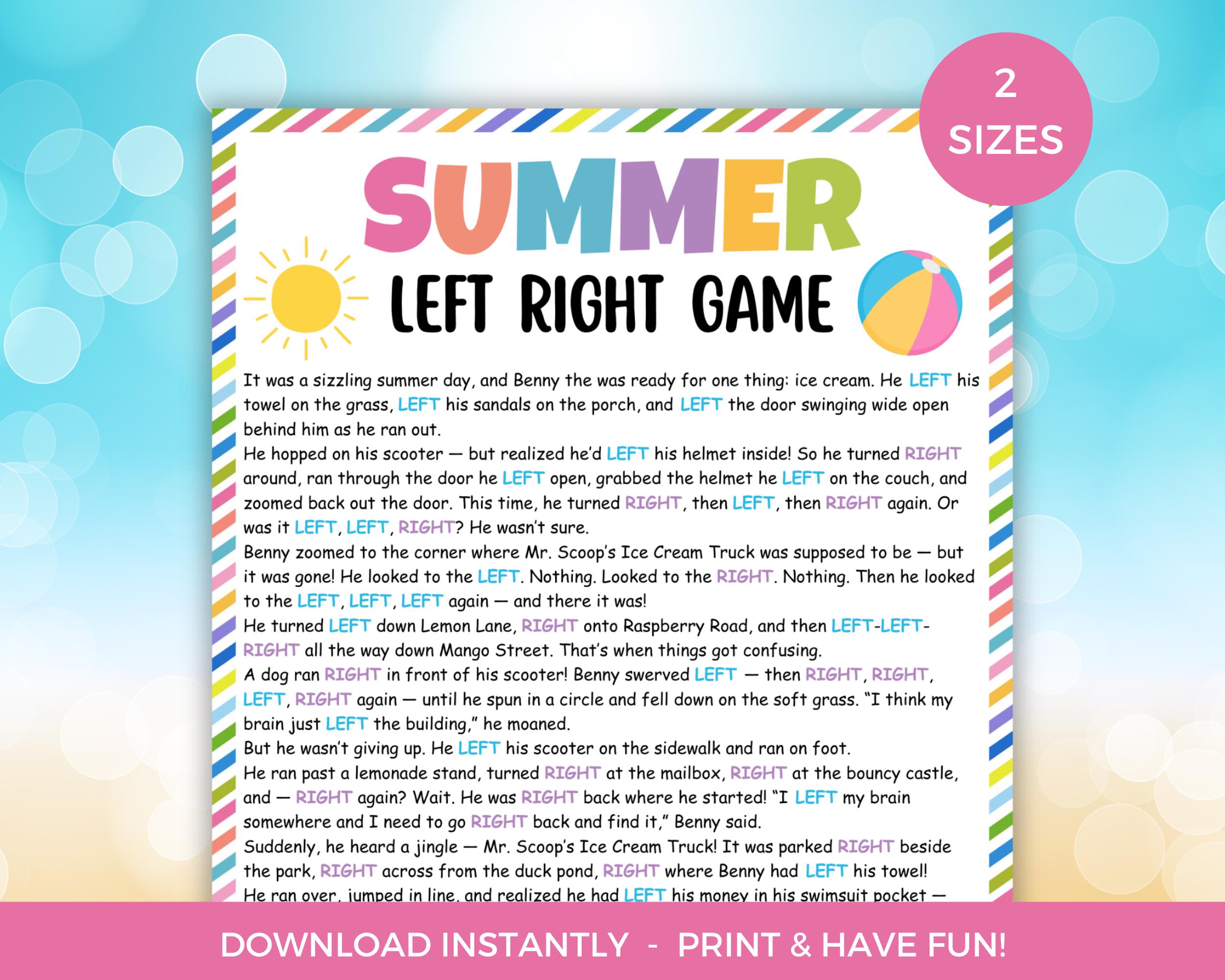 Summer Left Right Game Printable, Summer Pass the Prize Game, Summer ...