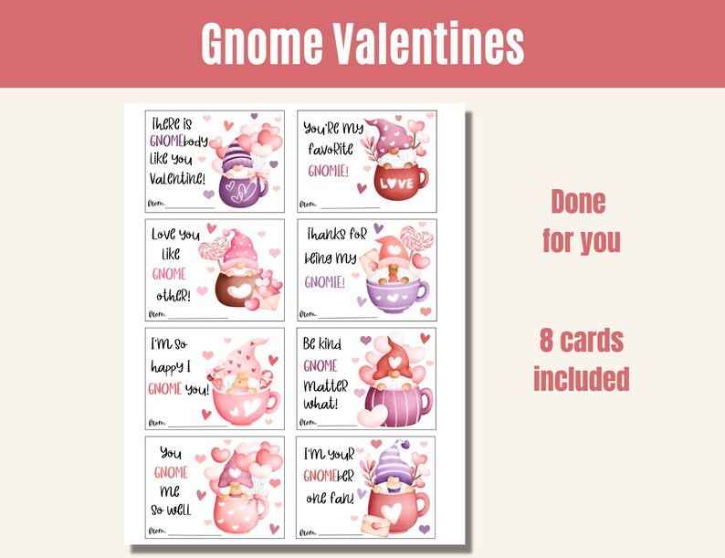 Printable Gnome Valentine Cards, Gnome Valentine Tags, School Valentine ...