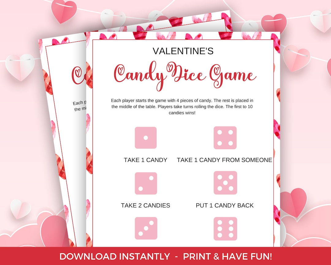 Valentine's Day Candy Dice Game, Printable Valentine's Day Game ...