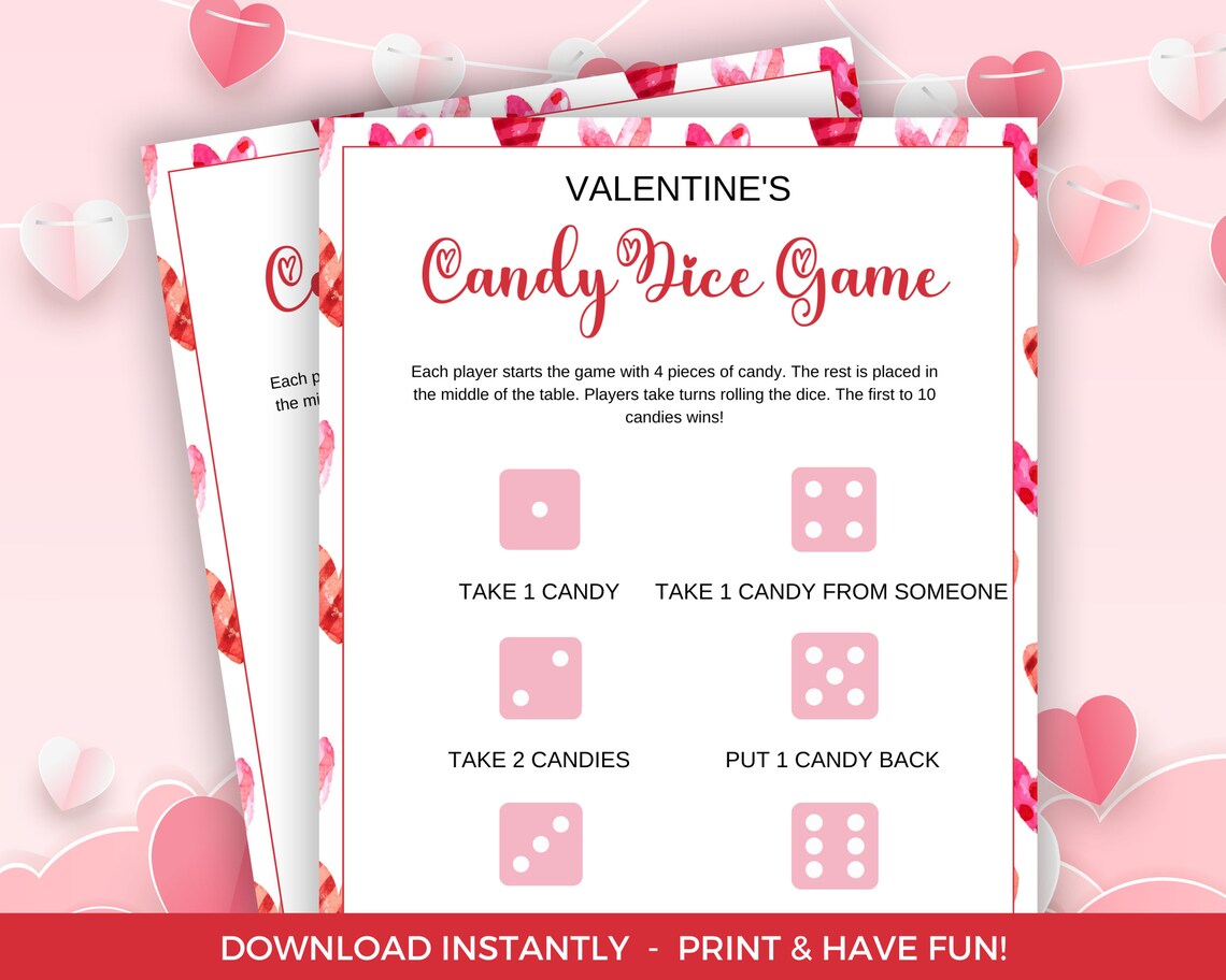 Valentine's Day Candy Dice Game, Printable Valentine's Day Game ...