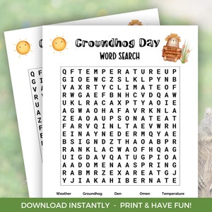 Groundhog Day Word Search, Printable Word Search, Groundhog Day Party ...
