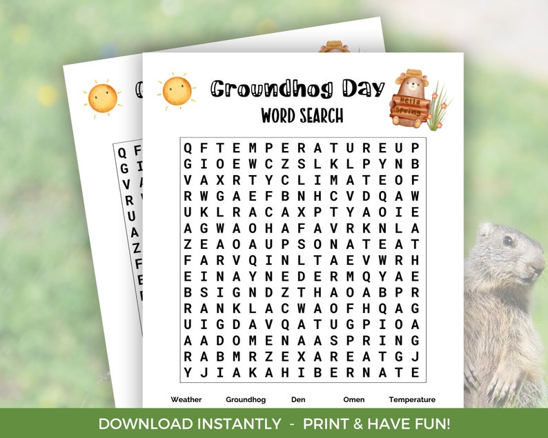 Groundhog Day Word Search, Printable Word Search, Groundhog Day Party ...