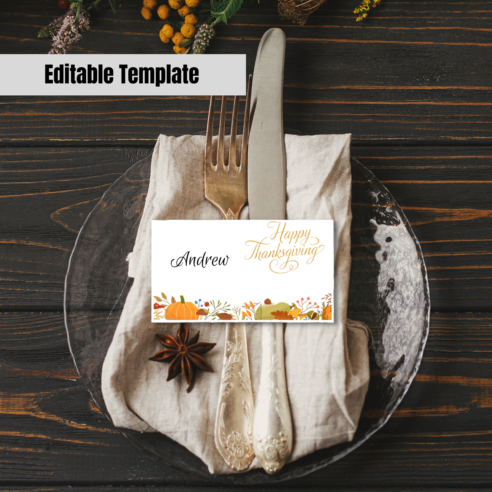 Thanksgiving Name Card Template, Friendsgiving Name Place Cards ...