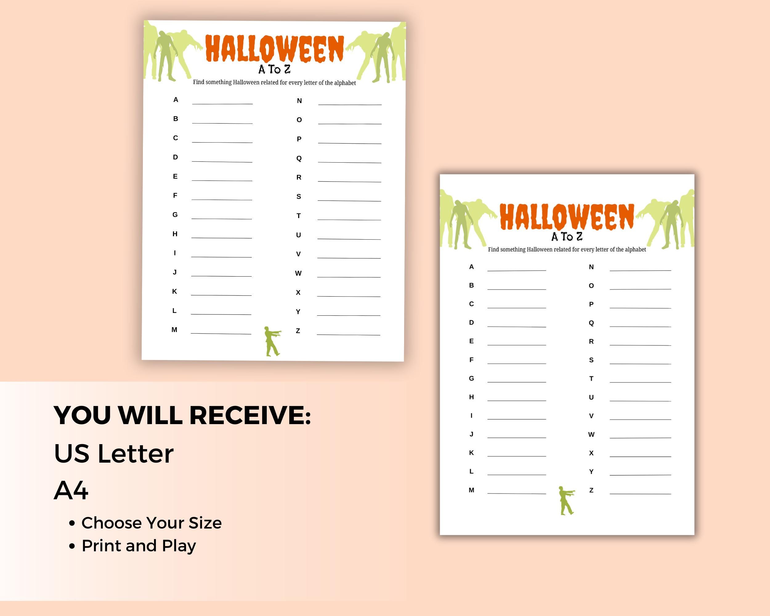 Halloween A to Z Game, Printable Halloween A to Z Race, Halloween Party ...