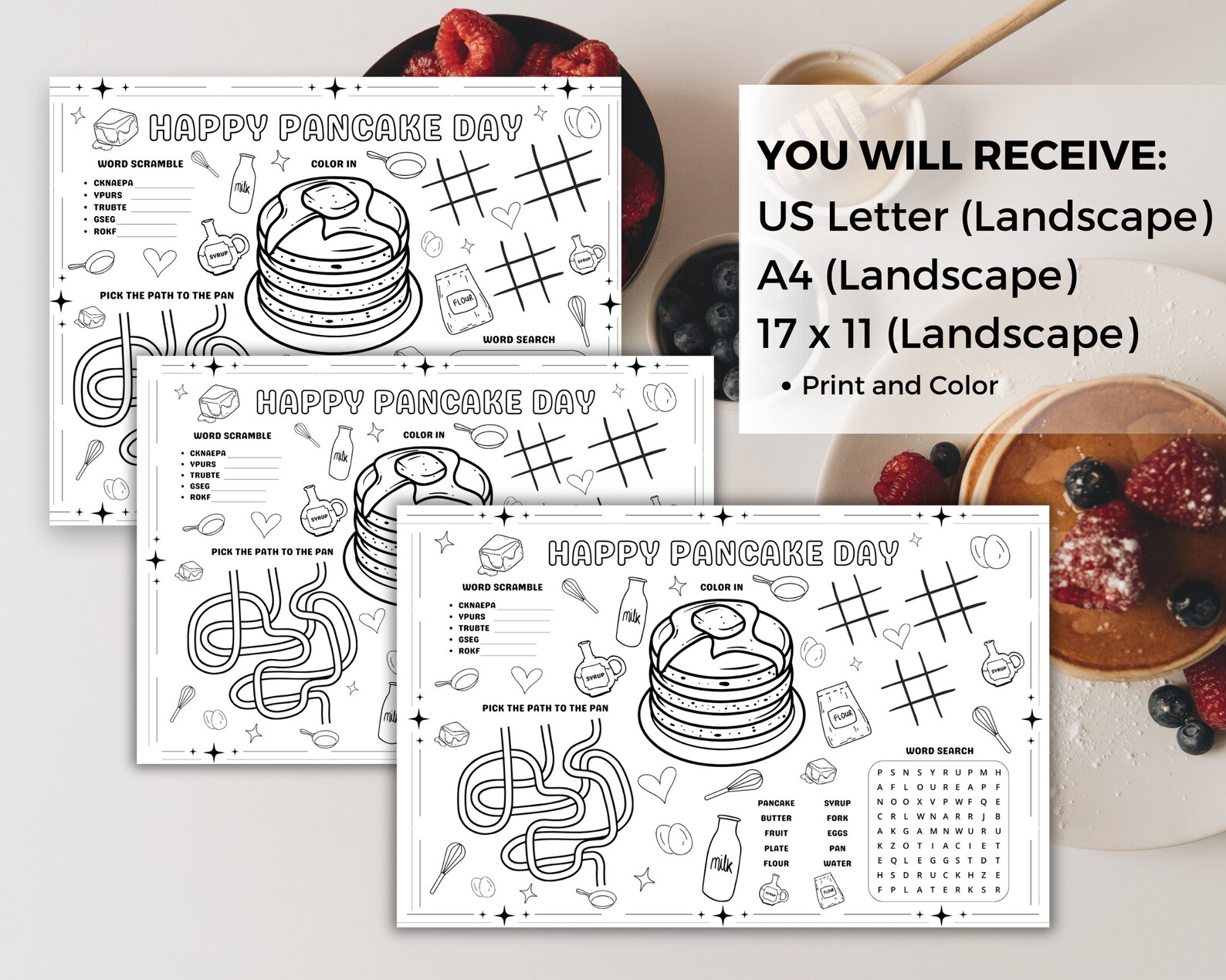 Pancake Day Coloring Placemat, Printable Pancake Day Activity Placemat ...