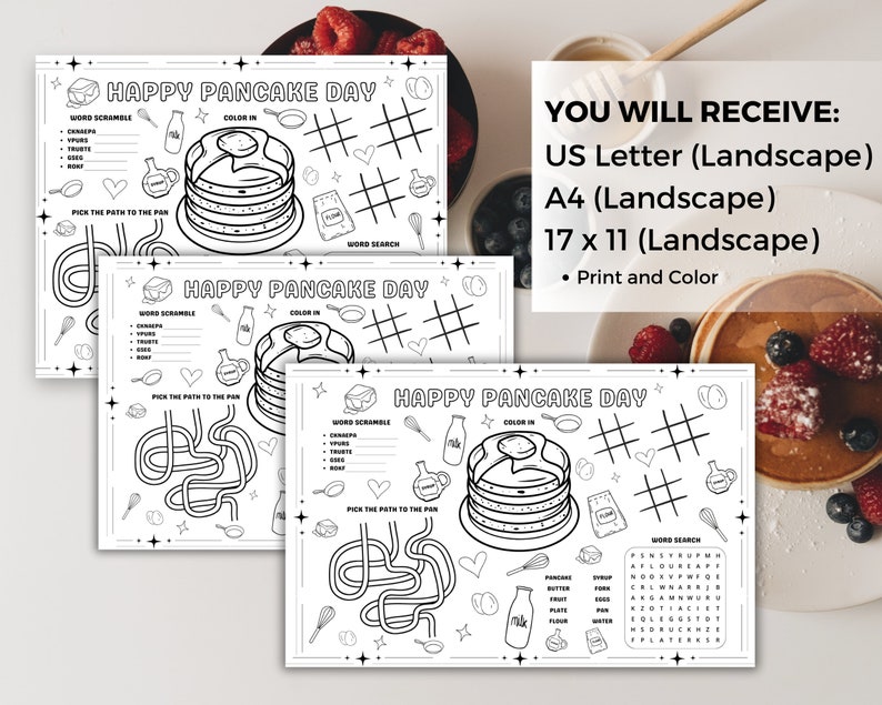 Pancake Day Coloring Placemat, Printable Pancake Day Activity Placemat ...