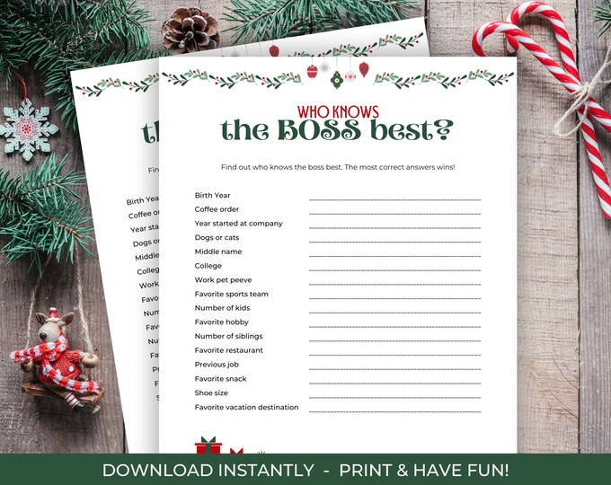 Office Holiday Who Knows the Boss Best Game, Christmas Party Printable ...