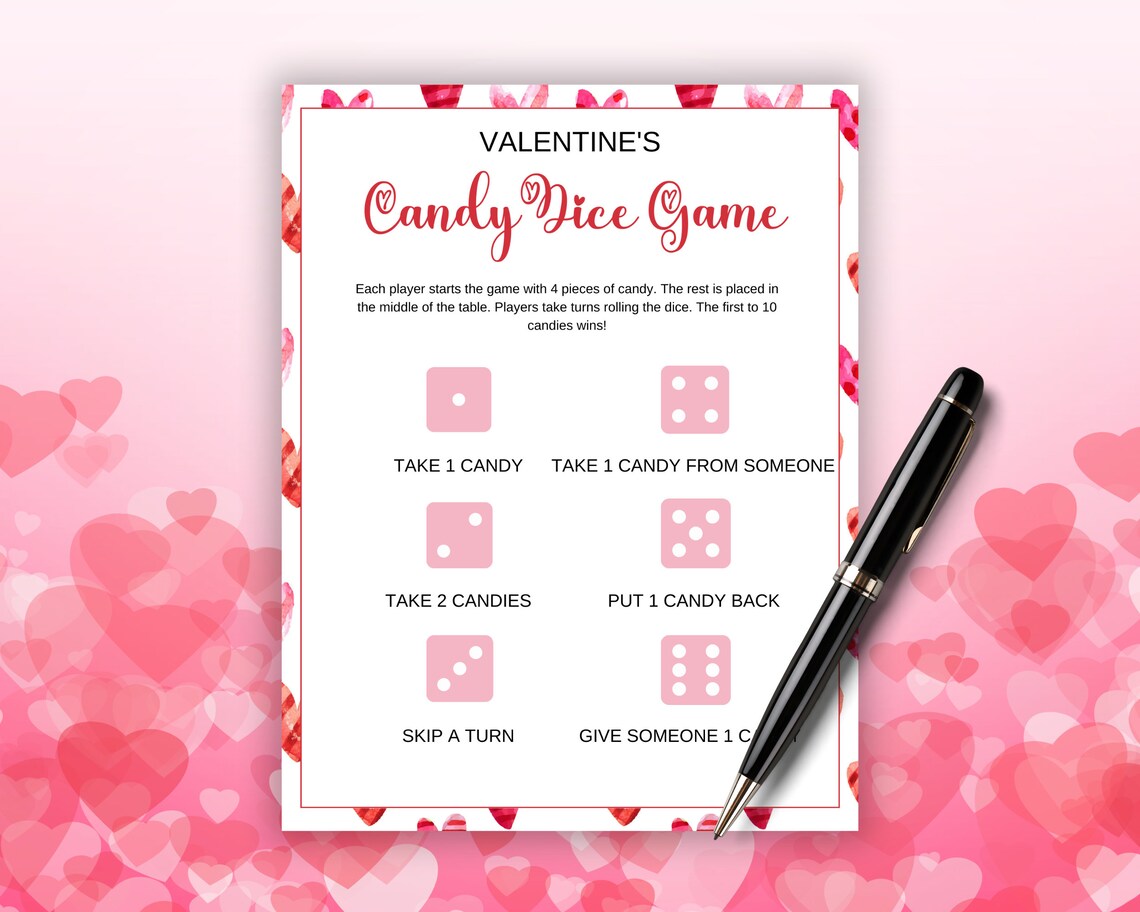 Valentine's Day Candy Dice Game, Printable Valentine's Day Game ...