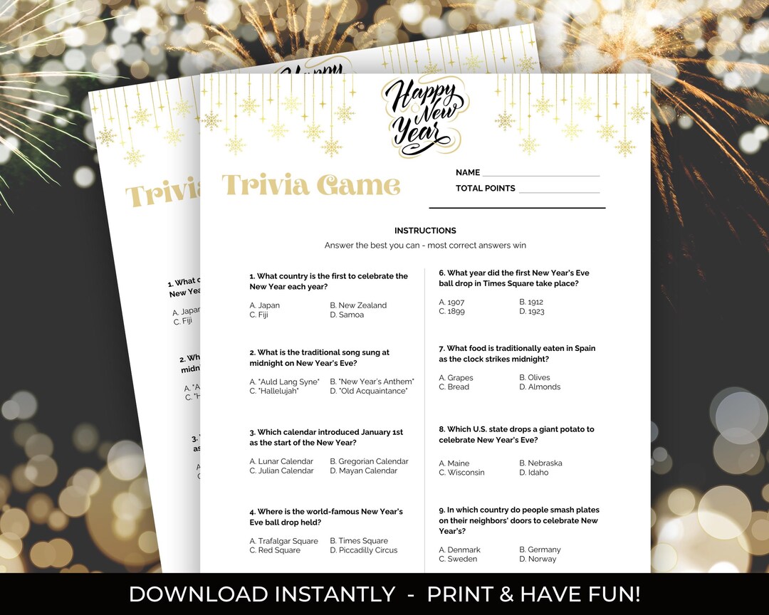 New Year's Trivia Game, Printable Trivia Game, New Years Eve Party Game ...