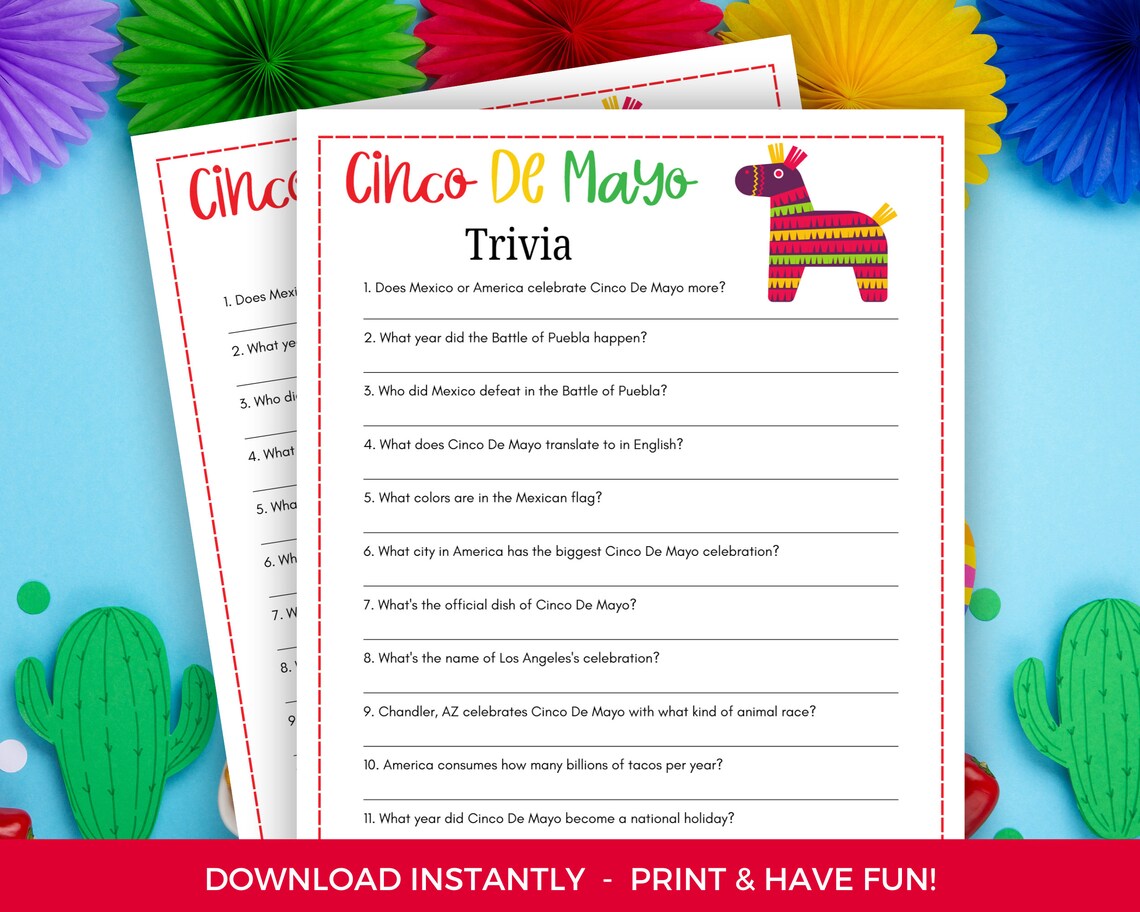 Cinco De Mayo Trivia Game, Printable Cinco De Mayo Activity, Cinco De ...