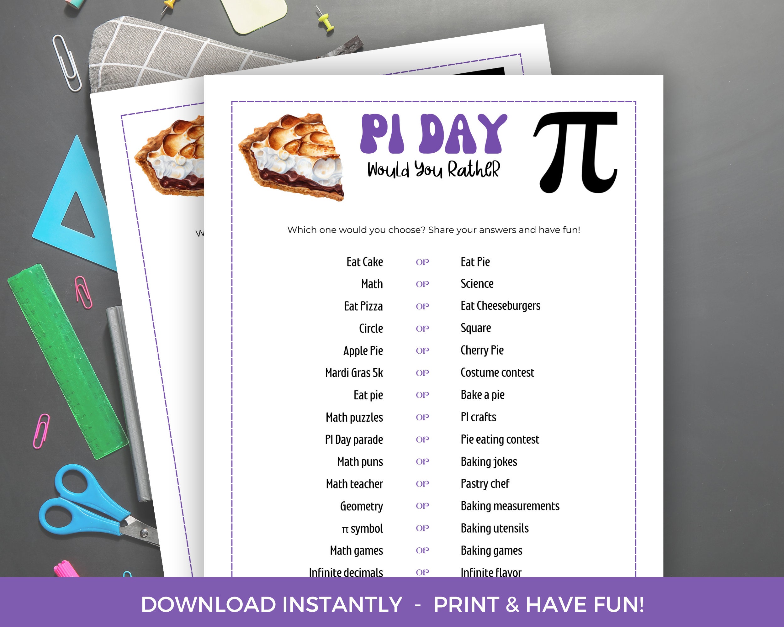 Pi Day Would You Rather, Printable Pi Day This or That Activity, Pi Day ...