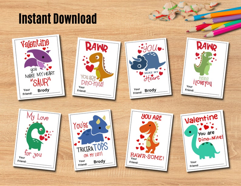 Printable Dinosaur Valentine Cards, Dinosaur Valentine Tags, Kids ...