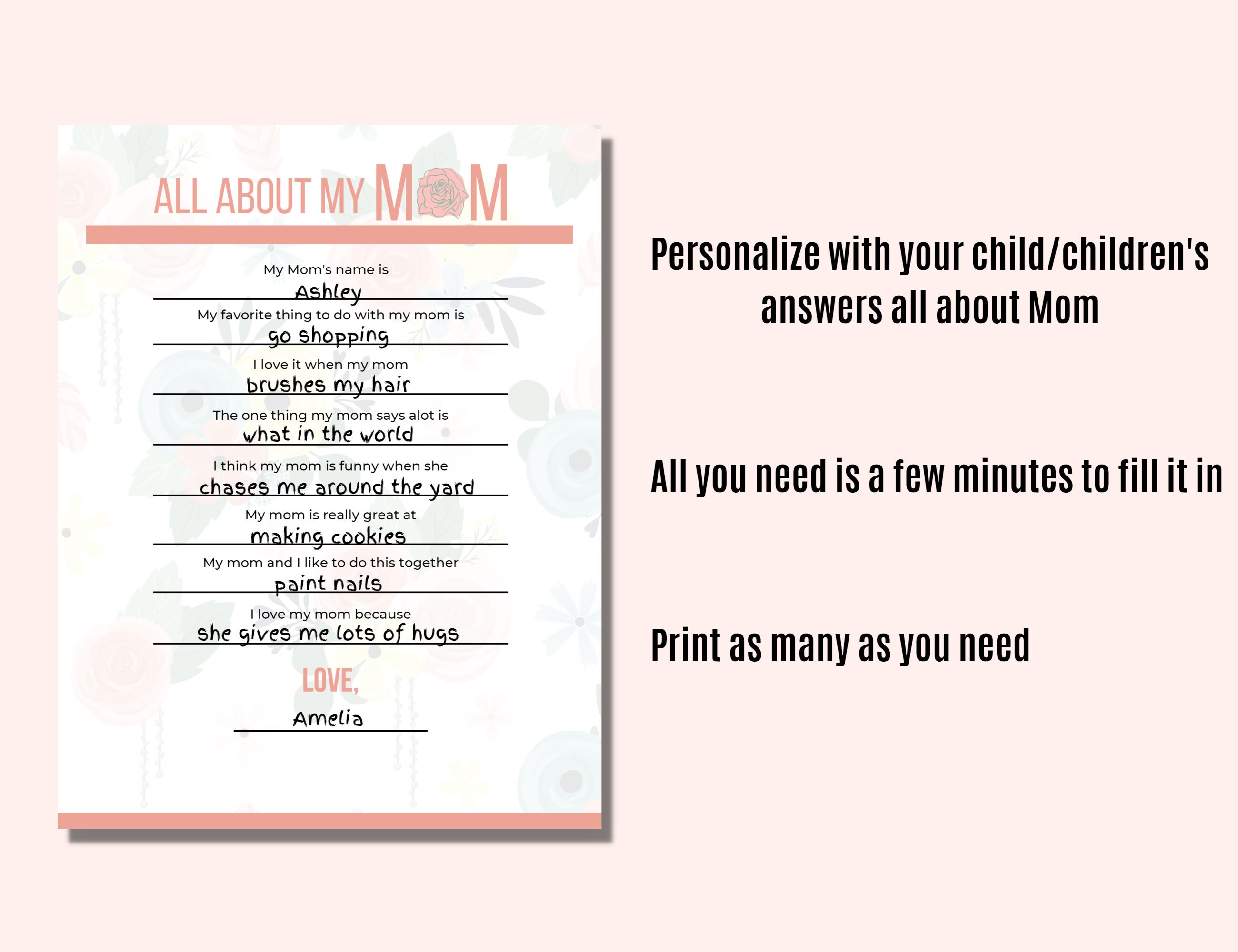 Personalized Mother's Day Questionnaire, Mother's Day Gift for Mom ...