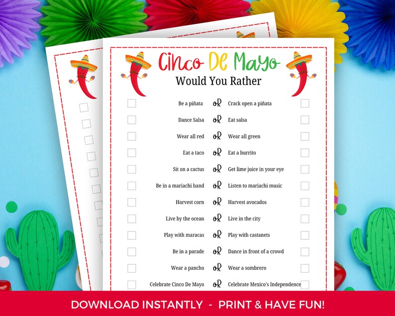 Cinco De Mayo Would You Rather Game, Printable This or That Game, Cinco ...