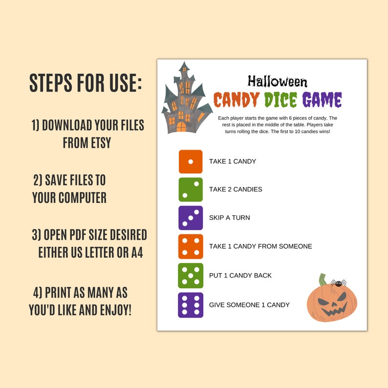 Printable Halloween Candy Dice Game, Halloween Candy Game, Candy Dice ...
