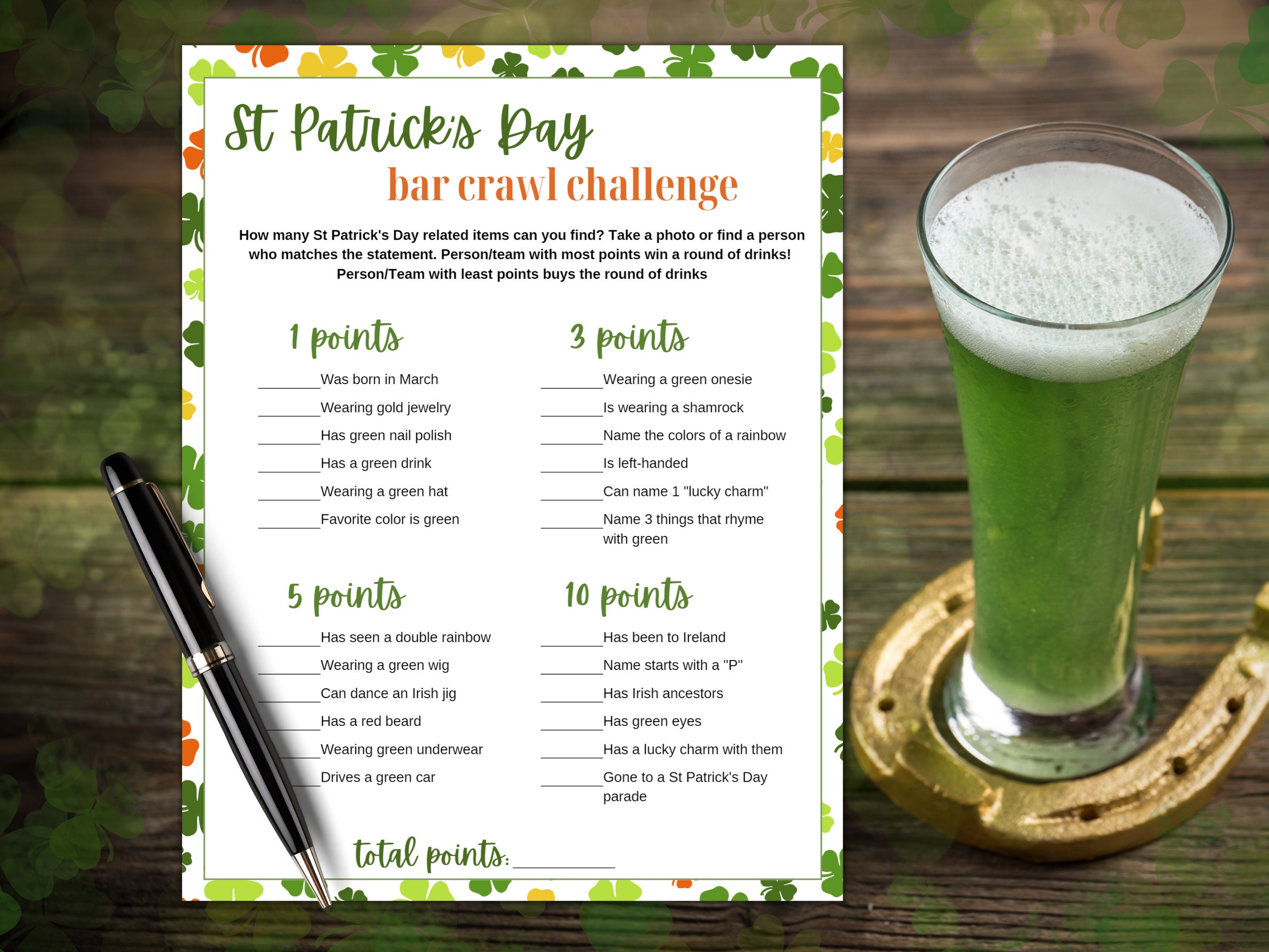 Printable St Patrick's Day Pub Crawl Scavenger Hunt, St Patrick's Day ...